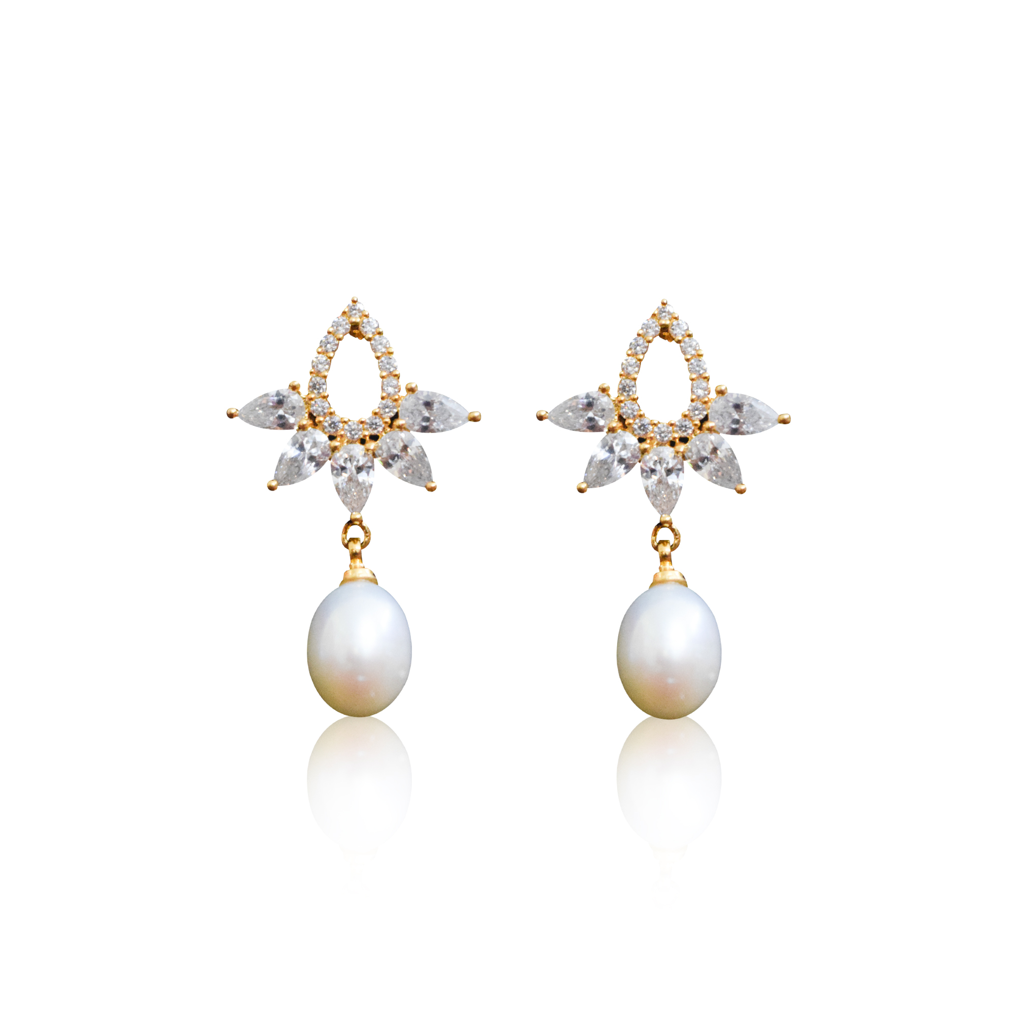 Attractive CZ Teardrop Studs With White Oval Pearl Drops - Pure Pearls